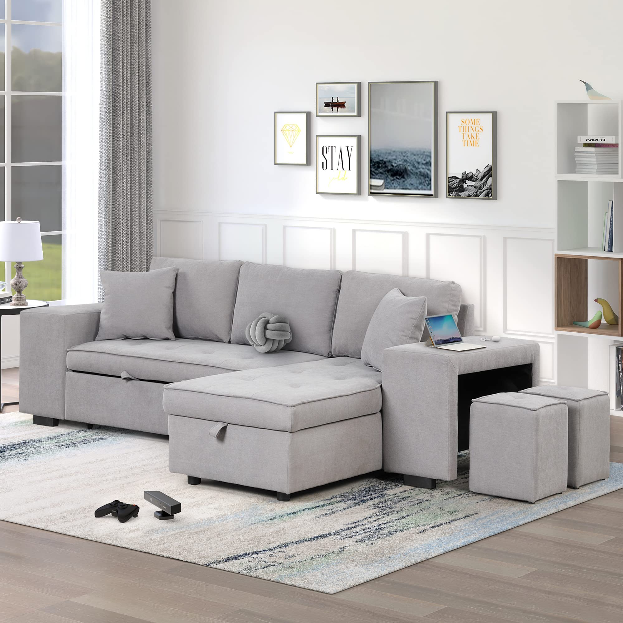 FANYE 2024 Linen Upholstery Pull Out Sleeper Sectional Sofa & Couch W/Stools and Shelves, L-Shaped Corner Upholstered Sofa Couch with 2 Pillows and Reversible Storage Chaise for Living Room
