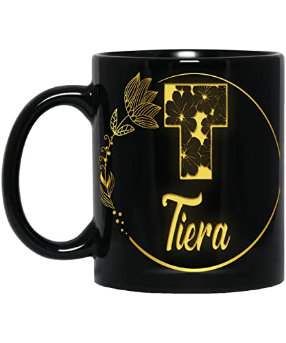 Coffee Mug Personalized Tiera Name & Initial Letter Monogram Floral Alphabet Mug Golden Flowers Custom Black Coffee Cup, Gift for Her Mom Coworker Sister, Wife, Girl 11oz Black Mug 977632