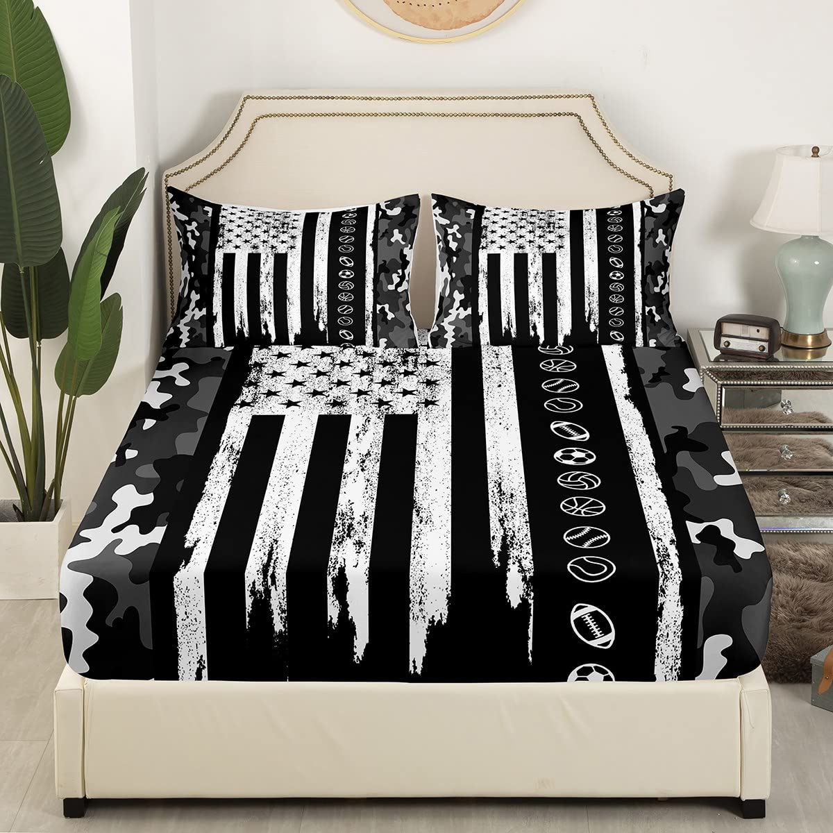 Feelyou Black Camo Bed Sheet Set Camouflage Bedding Set Military Style Fitted Sheet Baseball Football Flat Sheet for Kids Boys Girls Adults Full Size with 2 Pillow Case