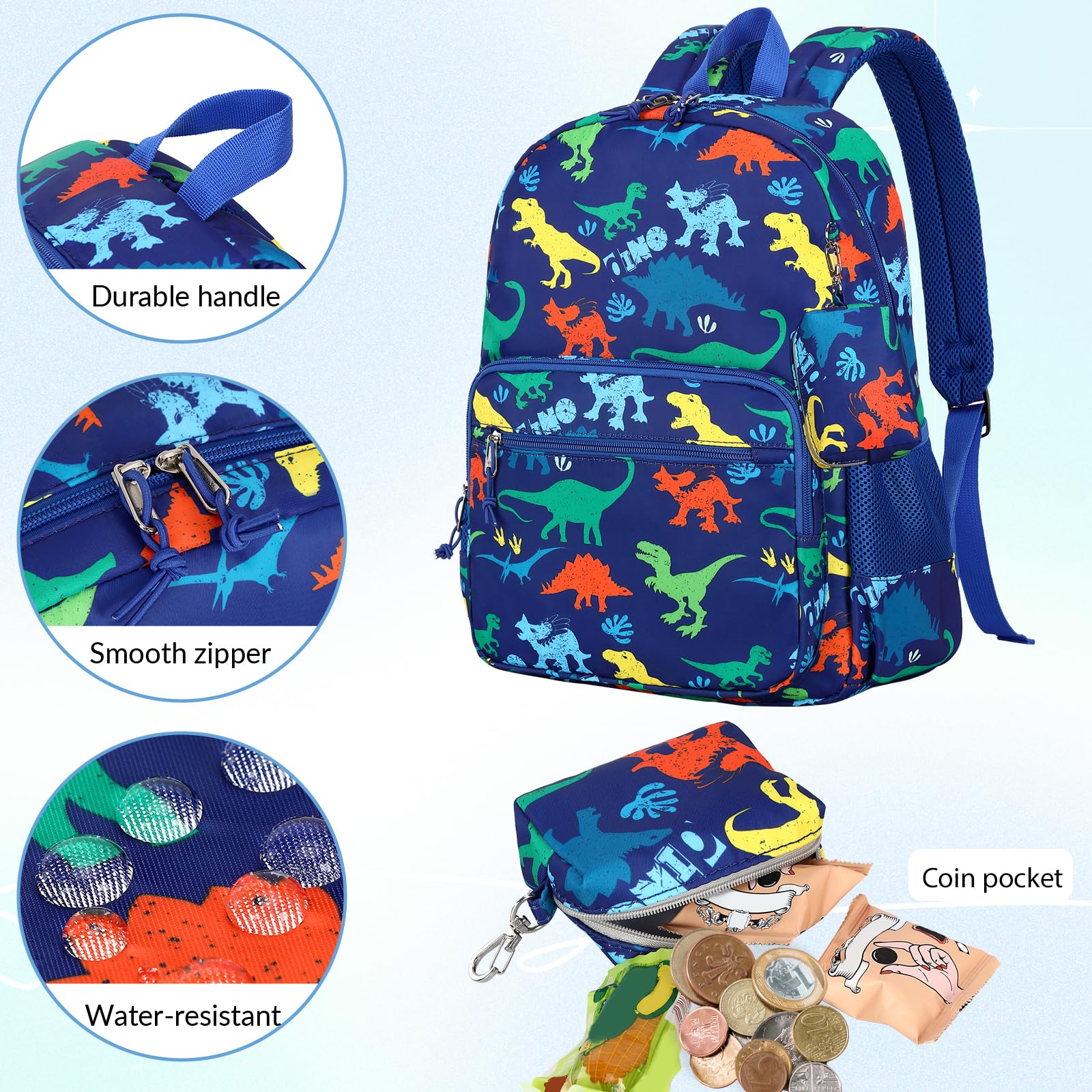 mygreen Dinosaur Backpack for Boys Backpacks for Elementary School 15 inch Backpack for Boys with Coin Purse 5-7 6-8 School Bag 2nd 3rd Grade Blue
