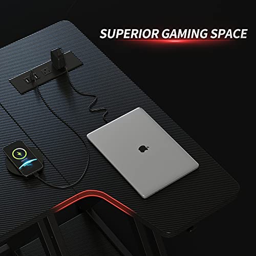 CubiCubi Gaming Desk with LED Lights & Power Outlets, 47 Inch L Shaped Carbon Fiber Surface Desk with Storage Shelves, Small Corner Computer Desk with Monitor Shelf, Black