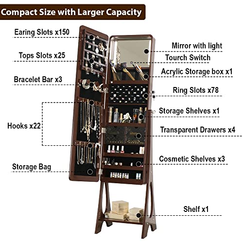 MASMIRE Standing jewelry Armoire organizer,Full Length mirror with storage (Brown, 63 * 14.5)