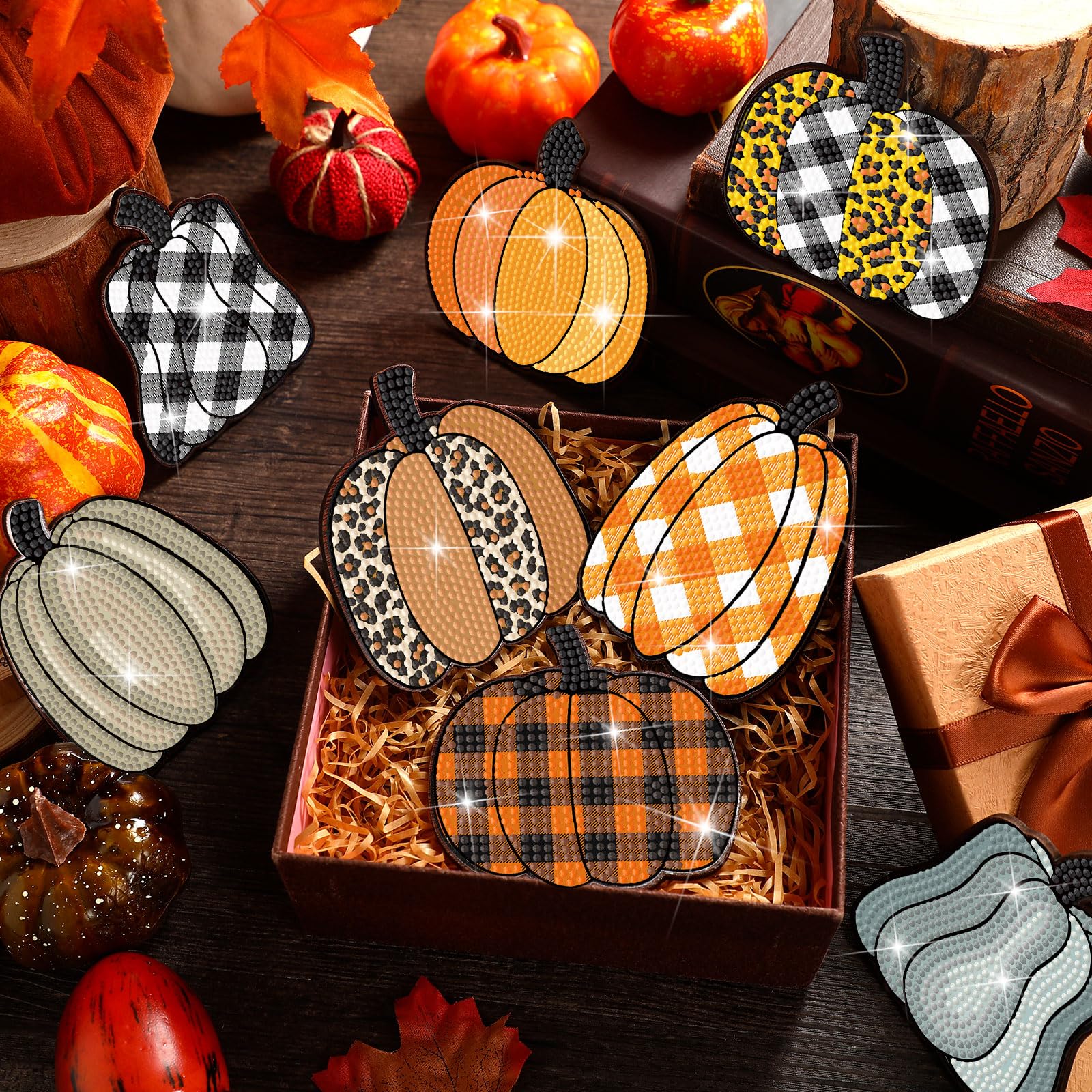Shellwei 8 Pcs Fall Thanksgiving Diamond Art Coasters Pumpkin Diamond Painting Coasters with Holder Autumn DIY Diamond Painting Kit Diamond Coasters for Adults Crafts Gift Beginner
