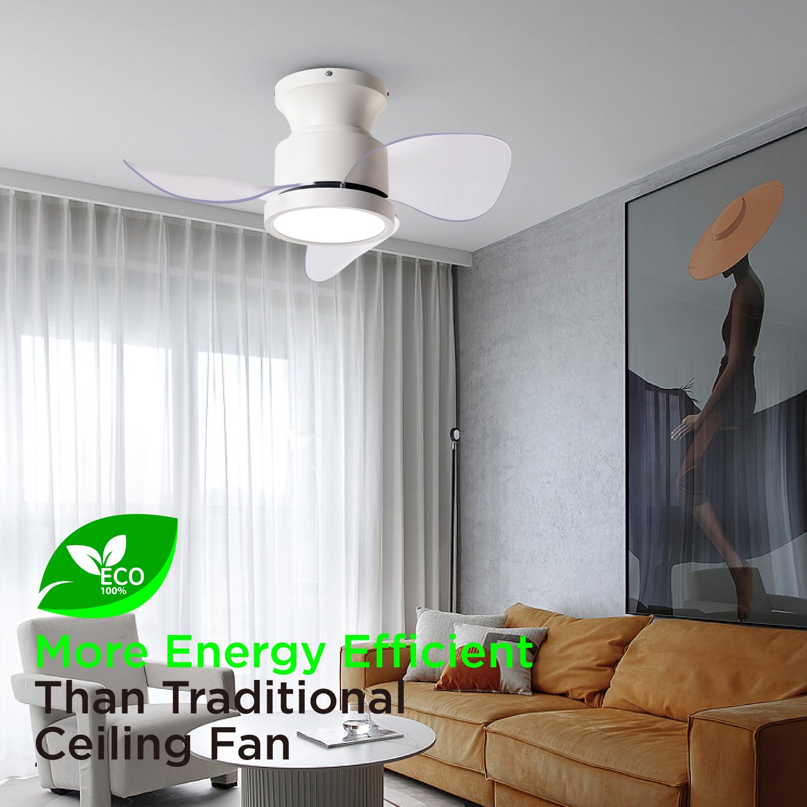 Roomratv Ceiling Fans with Lights 22 inch Quiet Ceiling Fan Large Airflow Remote Control 3 Color Temperature for Bedroom Kitchen Dining Room Patio(White)