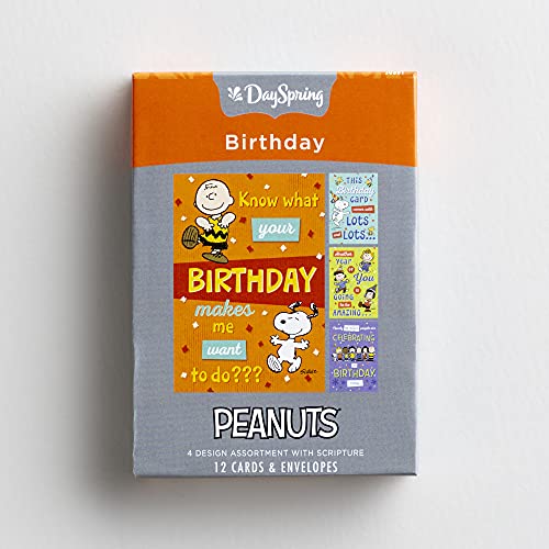 DaySpring - Peanuts - Happy Birthday - 4 Design Assortment with Scripture - 12 Boxed Cards & Envelopes (J0381)