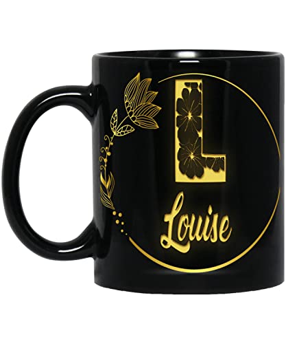 Coffee Mug Personalized Louise Name & Initial Letter Monogram Floral Alphabet Mug Golden Flowers Custom Black Coffee Cup, Gift for Her Mom Coworker Sister, Wife, Girl 11oz Black Mug 755523