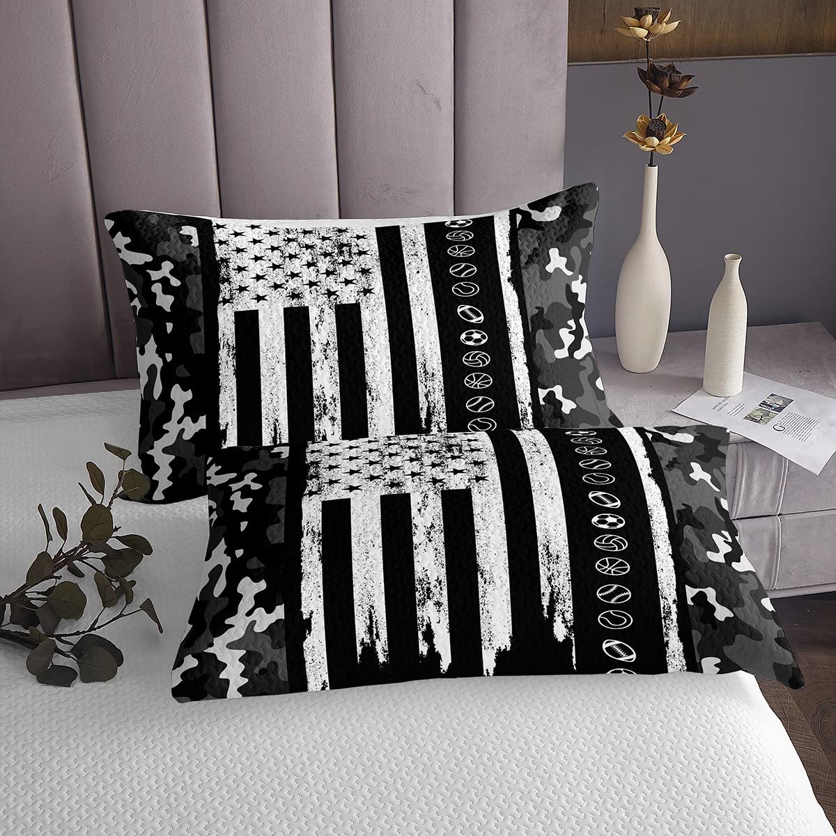 Feelyou Black Camo Bed Sheet Set Camouflage Bedding Set Military Style Fitted Sheet Baseball Football Flat Sheet for Kids Boys Girls Adults Full Size with 2 Pillow Case