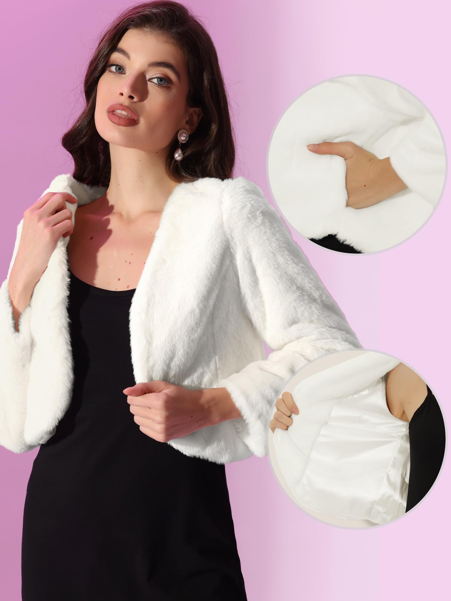 Allegra K Cropped Jacket for Women's Faux Fur with Pockets Long Sleeve Open Front Wedding Bolero Gowns Coat Large White