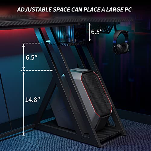 CubiCubi Gaming Desk with LED Lights & Power Outlets, 47 Inch L Shaped Carbon Fiber Surface Desk with Storage Shelves, Small Corner Computer Desk with Monitor Shelf, Black