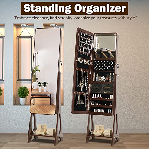 MASMIRE Standing jewelry Armoire organizer,Full Length mirror with storage (Brown, 63 * 14.5)