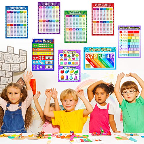 Educational Math Posters for Toddlers Kids with Glue Point Dot for Elementary Middle School Classroom, Teach Multiplication Division Addition Subtraction Fractions and More (Various Style,8 Pieces)