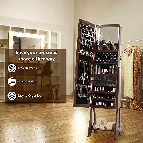 MASMIRE Standing jewelry Armoire organizer,Full Length mirror with storage (Brown, 63 * 14.5)