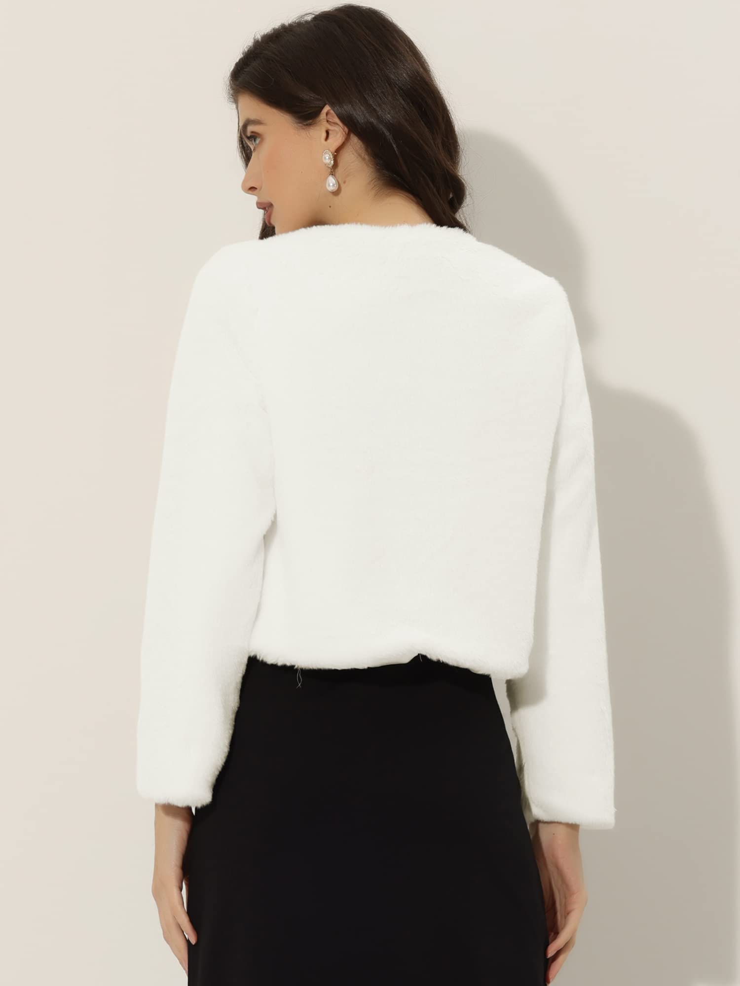 Allegra K Cropped Jacket for Women's Faux Fur with Pockets Long Sleeve Open Front Wedding Bolero Gowns Coat Large White