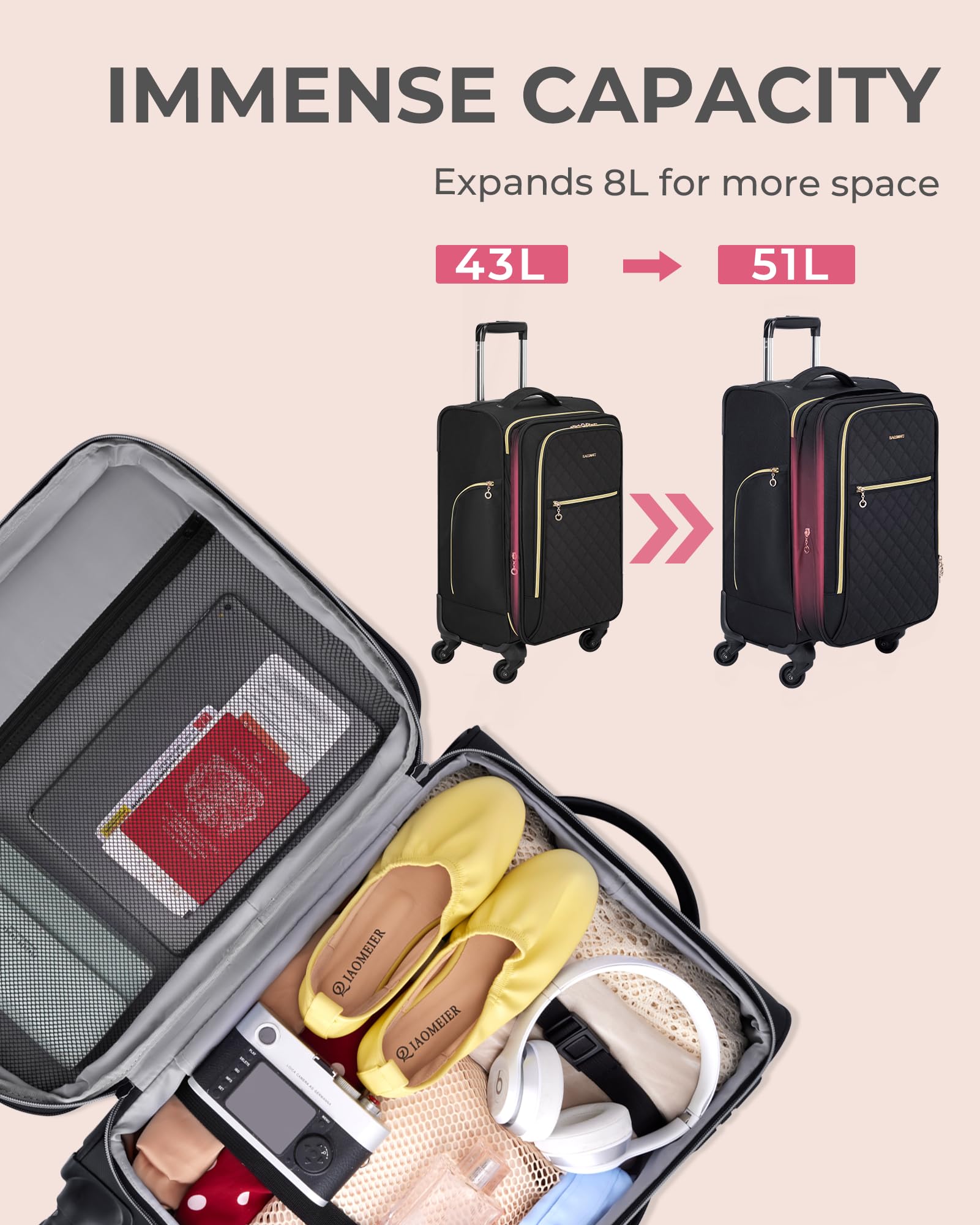 BAGSMART Carry On Luggage 20 Inch, Expandable Suitcase, Luggage with Duffel Luggage Airline Approved Rolling Softside Suitcases Women Men, Carry-On Black Square Quilted