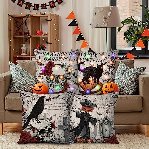 Hexagram Lighted Halloween Pillow Covers, Halloween Decorations Skull Pumpkin Black Cat LED Halloween Pillows Covers 18x18 Set of 4, Halloween Light Gothic Decor Pillows for Couch Sofa Indoor