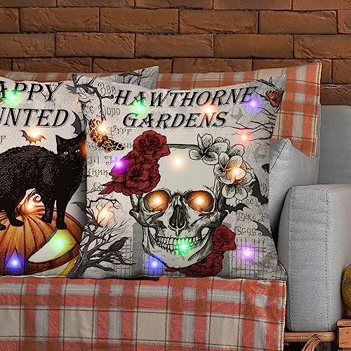 Hexagram Lighted Halloween Pillow Covers, Halloween Decorations Skull Pumpkin Black Cat LED Halloween Pillows Covers 18x18 Set of 4, Halloween Light Gothic Decor Pillows for Couch Sofa Indoor