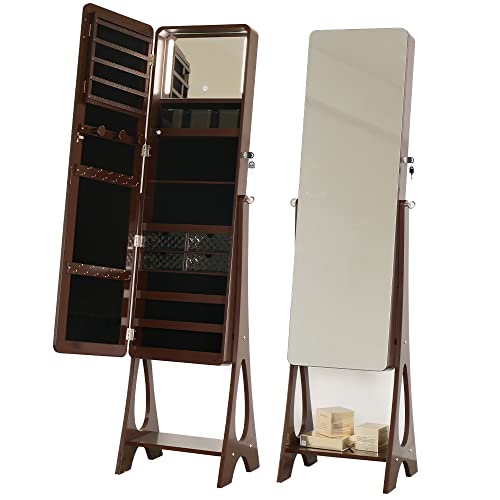 MASMIRE Standing jewelry Armoire organizer,Full Length mirror with storage (Brown, 63 * 14.5)