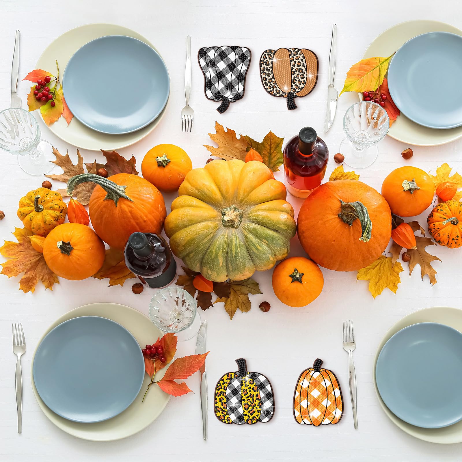 Shellwei 8 Pcs Fall Thanksgiving Diamond Art Coasters Pumpkin Diamond Painting Coasters with Holder Autumn DIY Diamond Painting Kit Diamond Coasters for Adults Crafts Gift Beginner