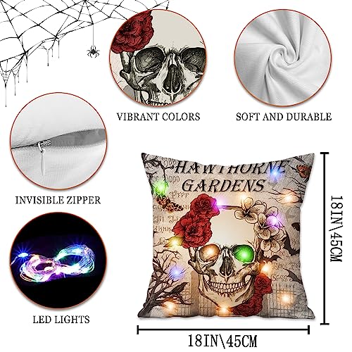 Hexagram Lighted Halloween Pillow Covers, Halloween Decorations Skull Pumpkin Black Cat LED Halloween Pillows Covers 18x18 Set of 4, Halloween Light Gothic Decor Pillows for Couch Sofa Indoor