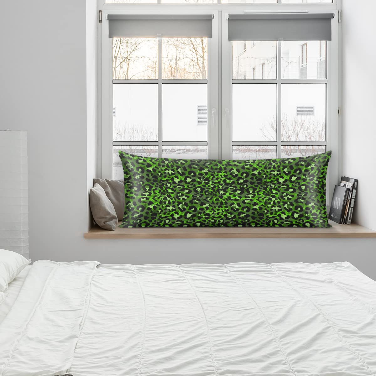 Satin Body Pillow Pillowcase for Hair and Skin Camo Leopard Grass Green Long Body Pillow Case Cover 21x54 Soft Breathable Body Pillow Cases