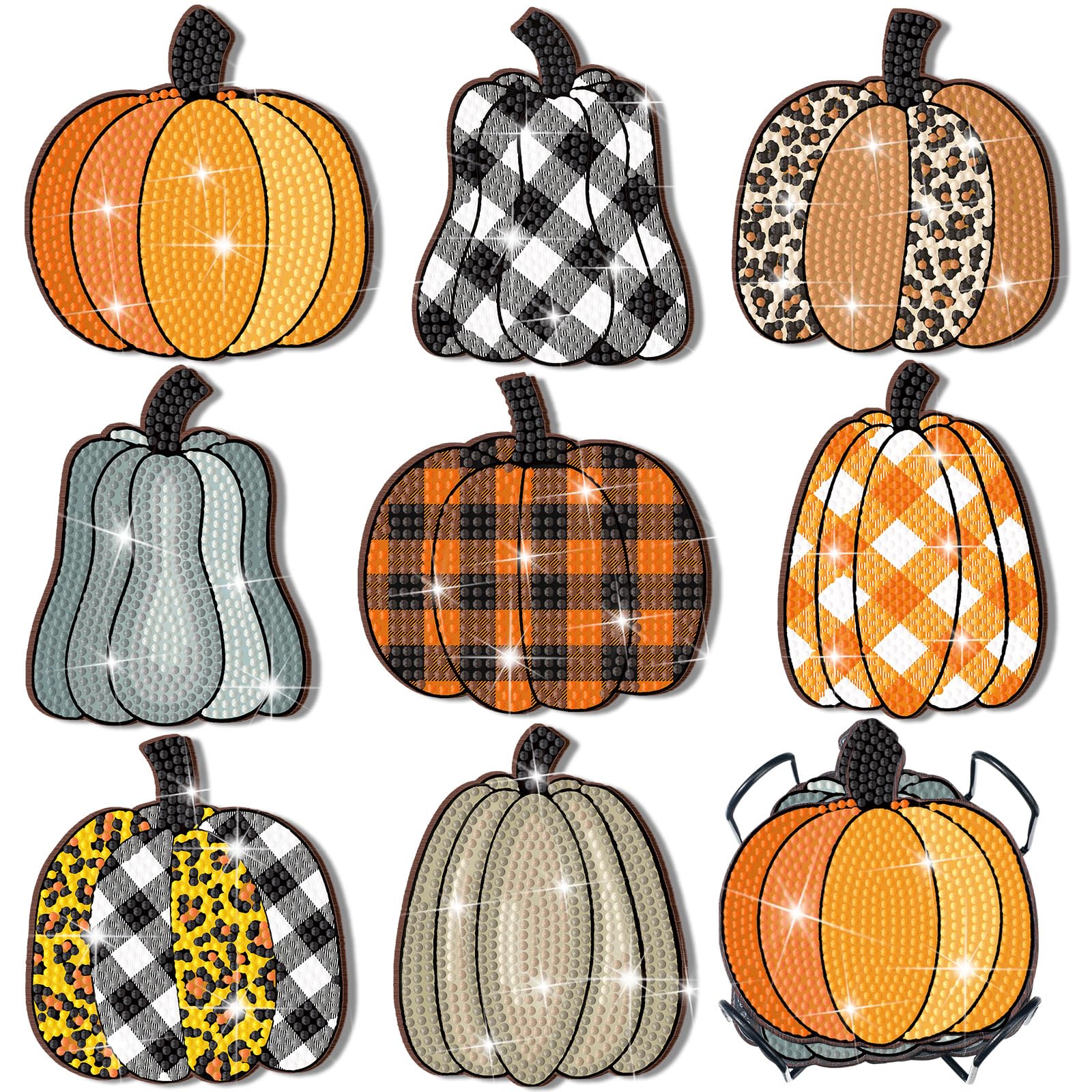 Shellwei 8 Pcs Fall Thanksgiving Diamond Art Coasters Pumpkin Diamond Painting Coasters with Holder Autumn DIY Diamond Painting Kit Diamond Coasters for Adults Crafts Gift Beginner