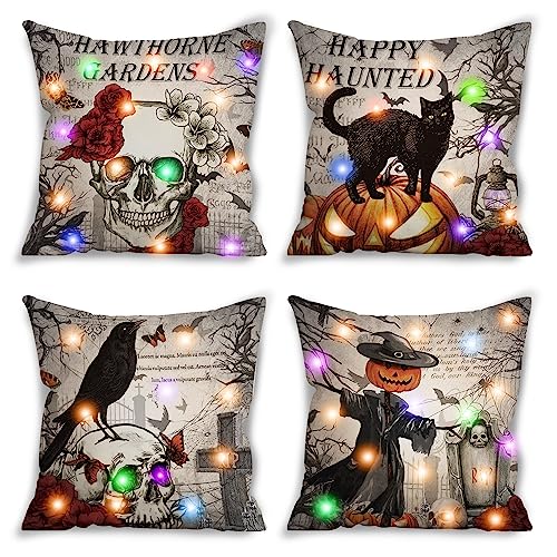 Hexagram Lighted Halloween Pillow Covers, Halloween Decorations Skull Pumpkin Black Cat LED Halloween Pillows Covers 18x18 Set of 4, Halloween Light Gothic Decor Pillows for Couch Sofa Indoor