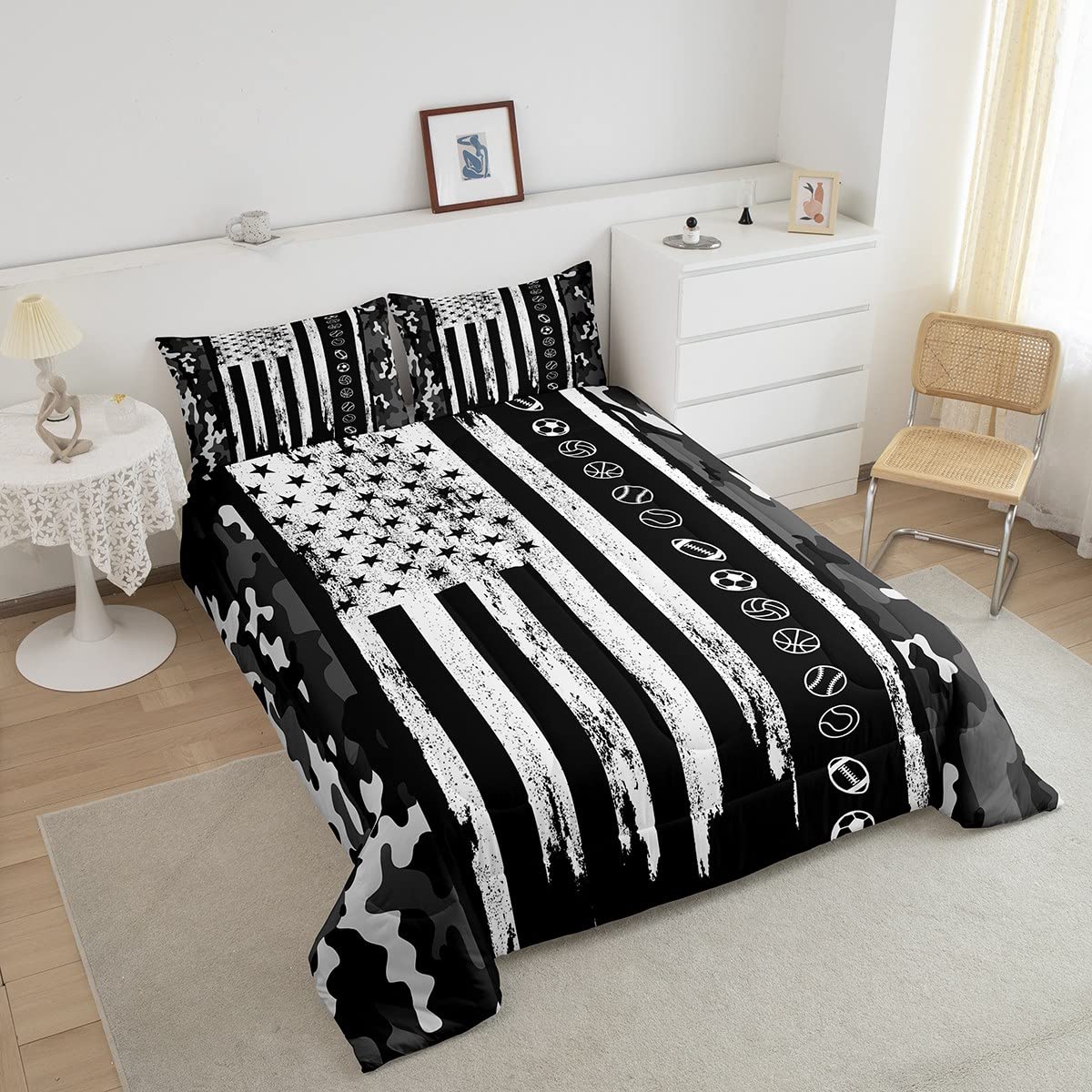 Feelyou Black Camo Comforter Set Camouflage Bedding Set Military Style Comforter Baseball Football Quilted Duvet Set for Kids Boys Girls Adults Twin Size with 1 Pillow Case
