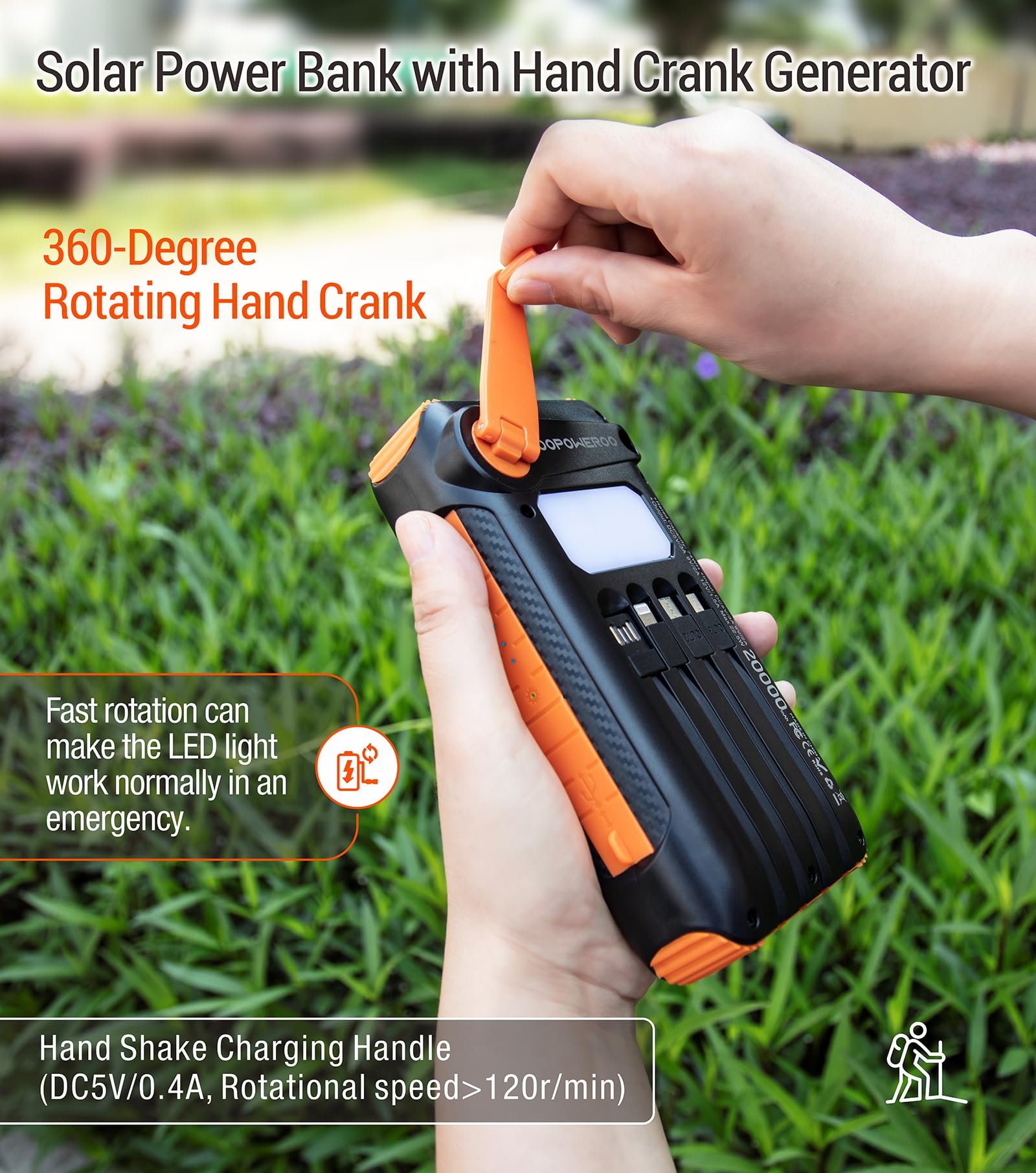 OOPOWEROO Solar Power Bank 20000mAh Built in Hand Crank and 4 Cables 22.5W Fast Charge Power Bank 5 Outputs & 5 Inputs Solar Portable Charger, SOS/Strobe/Strong Flashlights, Carabiner (Orange)