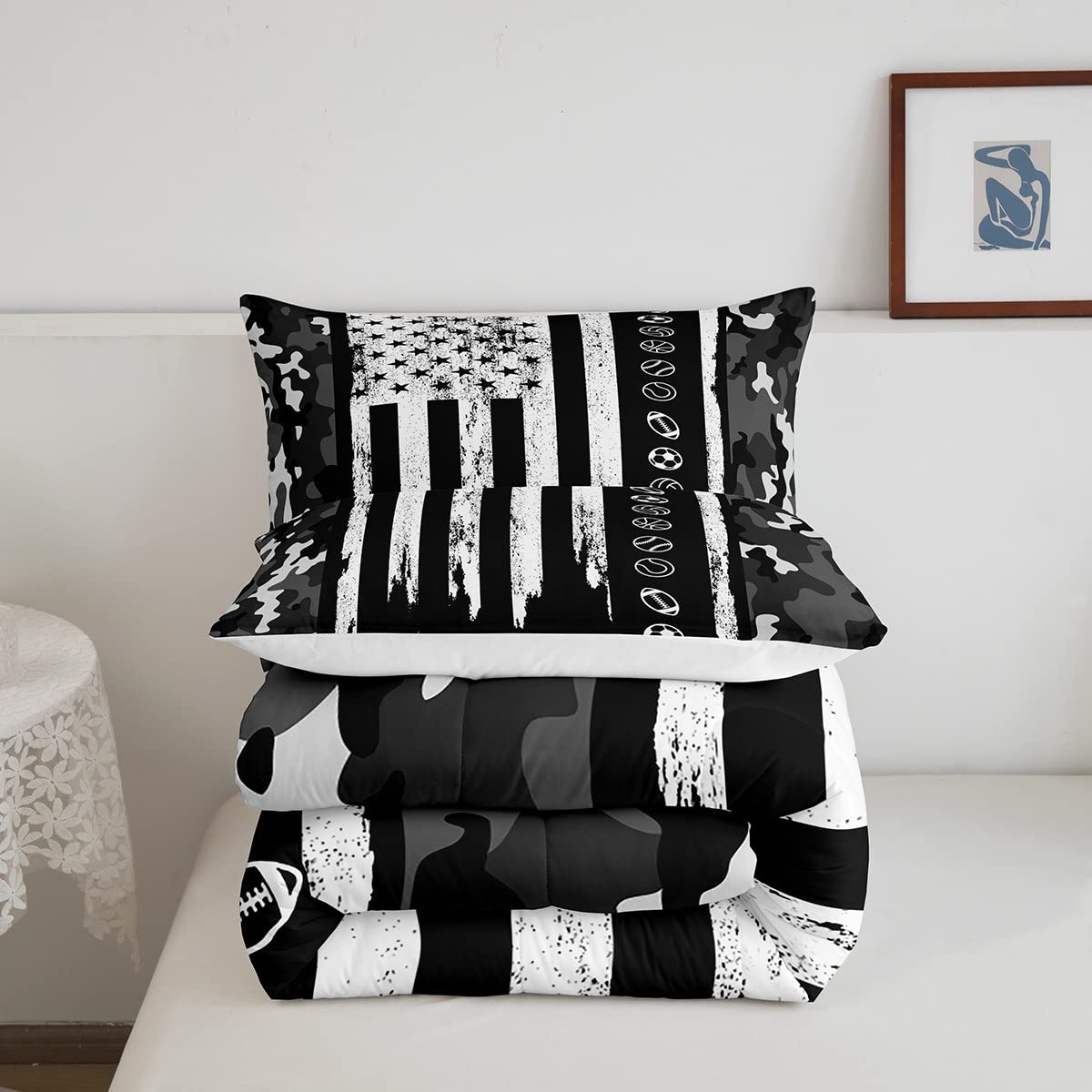 Feelyou Black Camo Comforter Set Camouflage Bedding Set Military Style Comforter Baseball Football Quilted Duvet Set for Kids Boys Girls Adults Twin Size with 1 Pillow Case