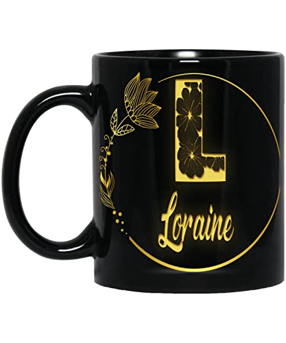 Coffee Mug Personalized Loraine Name & Initial Letter Monogram Floral Alphabet Mug Golden Flowers Custom Black Coffee Cup, Gift for Her Mom Coworker Sister, Wife, Girl 11oz Black Mug 513455