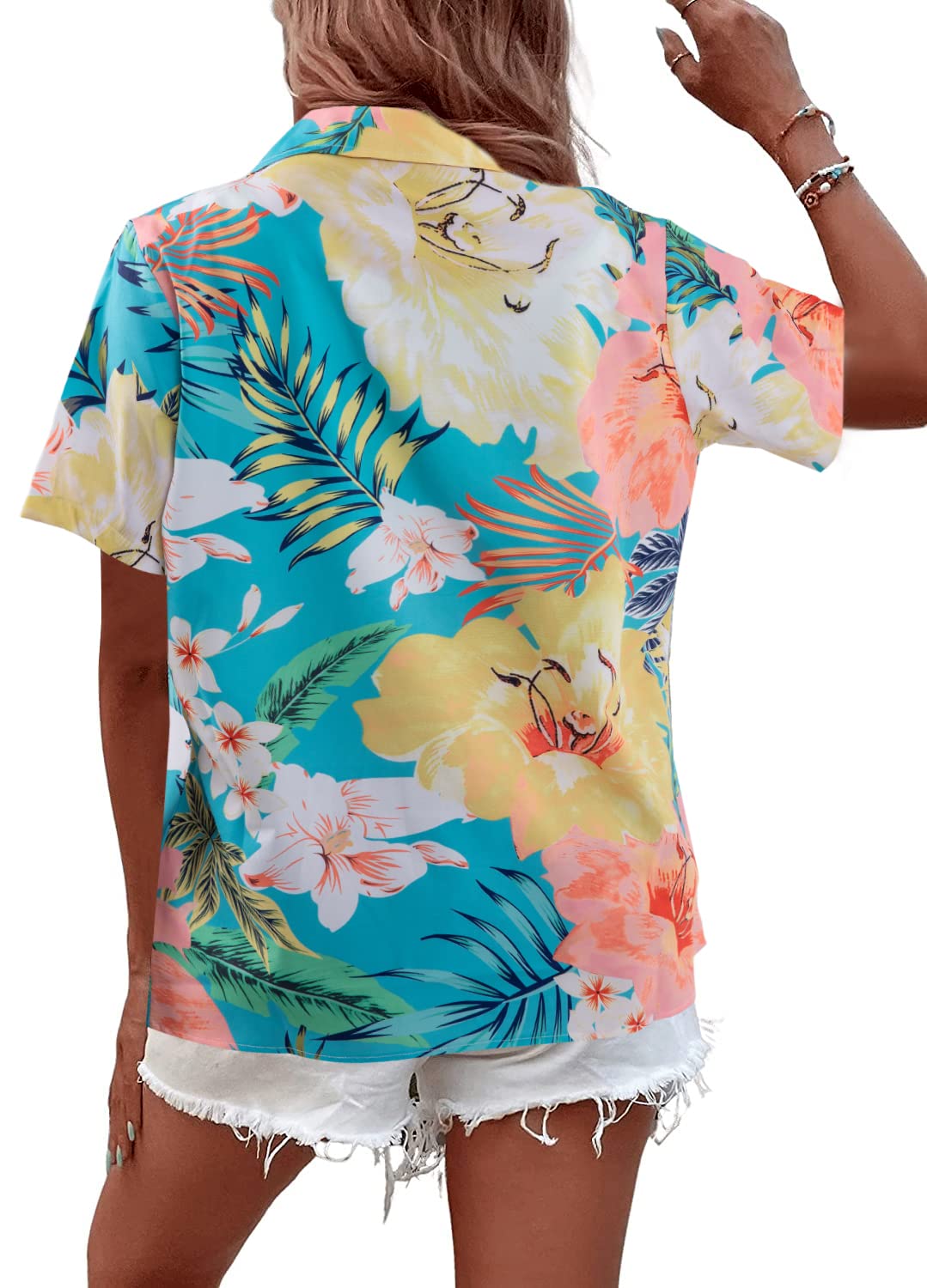 Hawaiian Shirts for Women Soft Cool Summer Hawaiian Shirt Floral Tropic Print Tees V Neck Button Up Short Sleeve Top Pink Blue