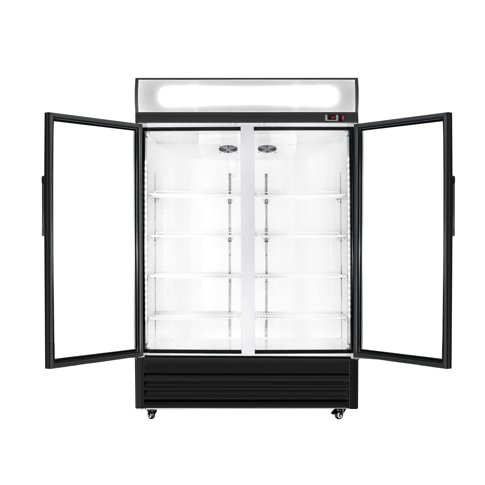 FRICOOL Merchandiser Refrigerator with 2 Glass Doors, 31 cu ft Beverage Display Cooler, Upright Fridge with LED Lighting, Adjustable Shelves for Beverages, Beer and Drinks, Swing Door, Black