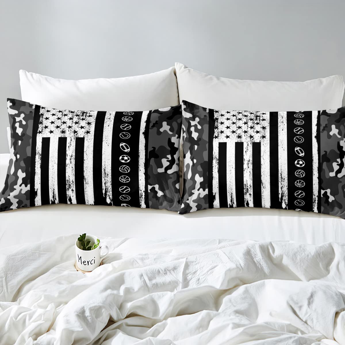 Feelyou Black Camo Comforter Set Camouflage Bedding Set Military Style Comforter Baseball Football Quilted Duvet Set for Kids Boys Girls Adults Twin Size with 1 Pillow Case