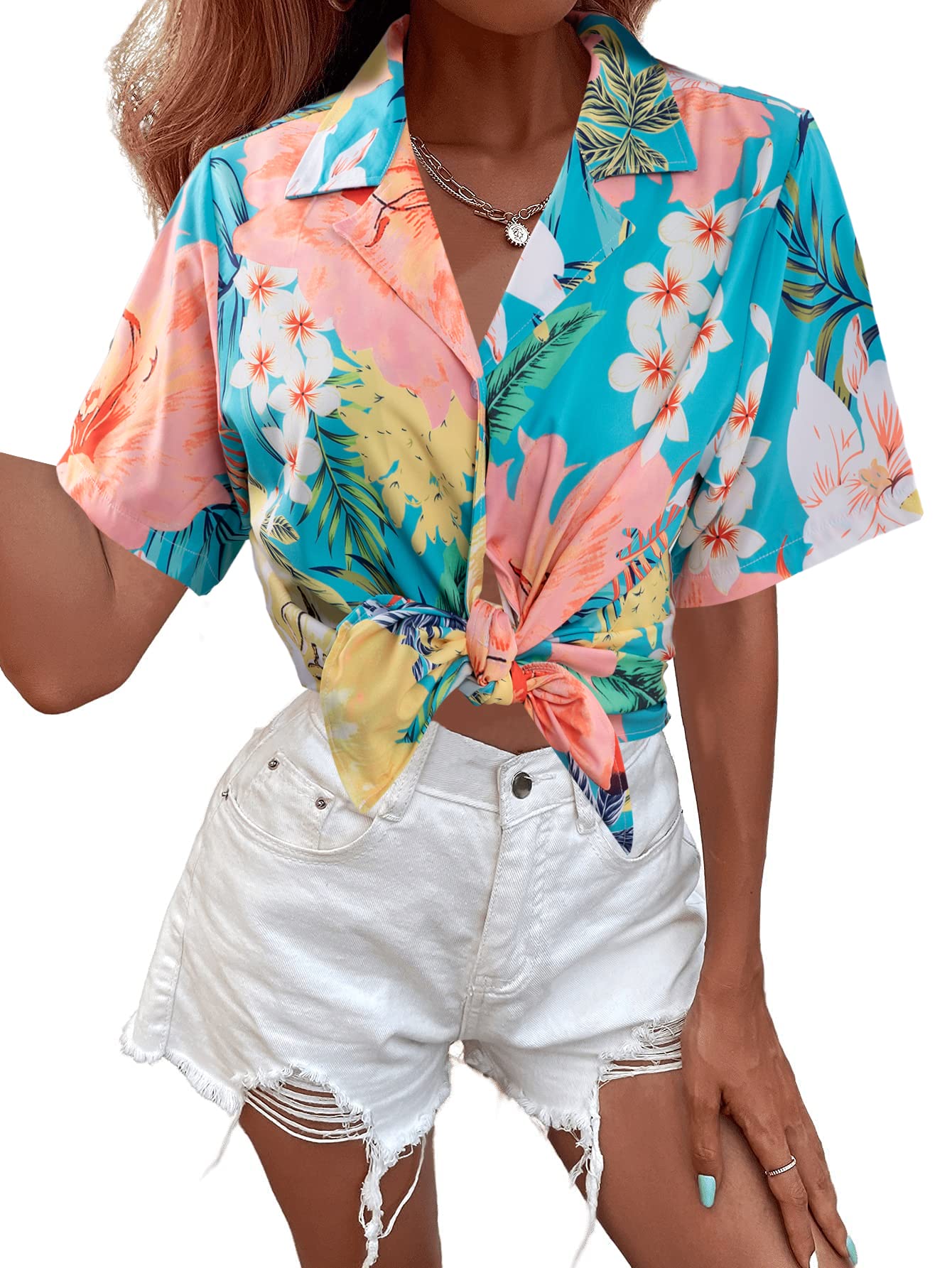 Hawaiian Shirts for Women Soft Cool Summer Hawaiian Shirt Floral Tropic Print Tees V Neck Button Up Short Sleeve Top Pink Blue