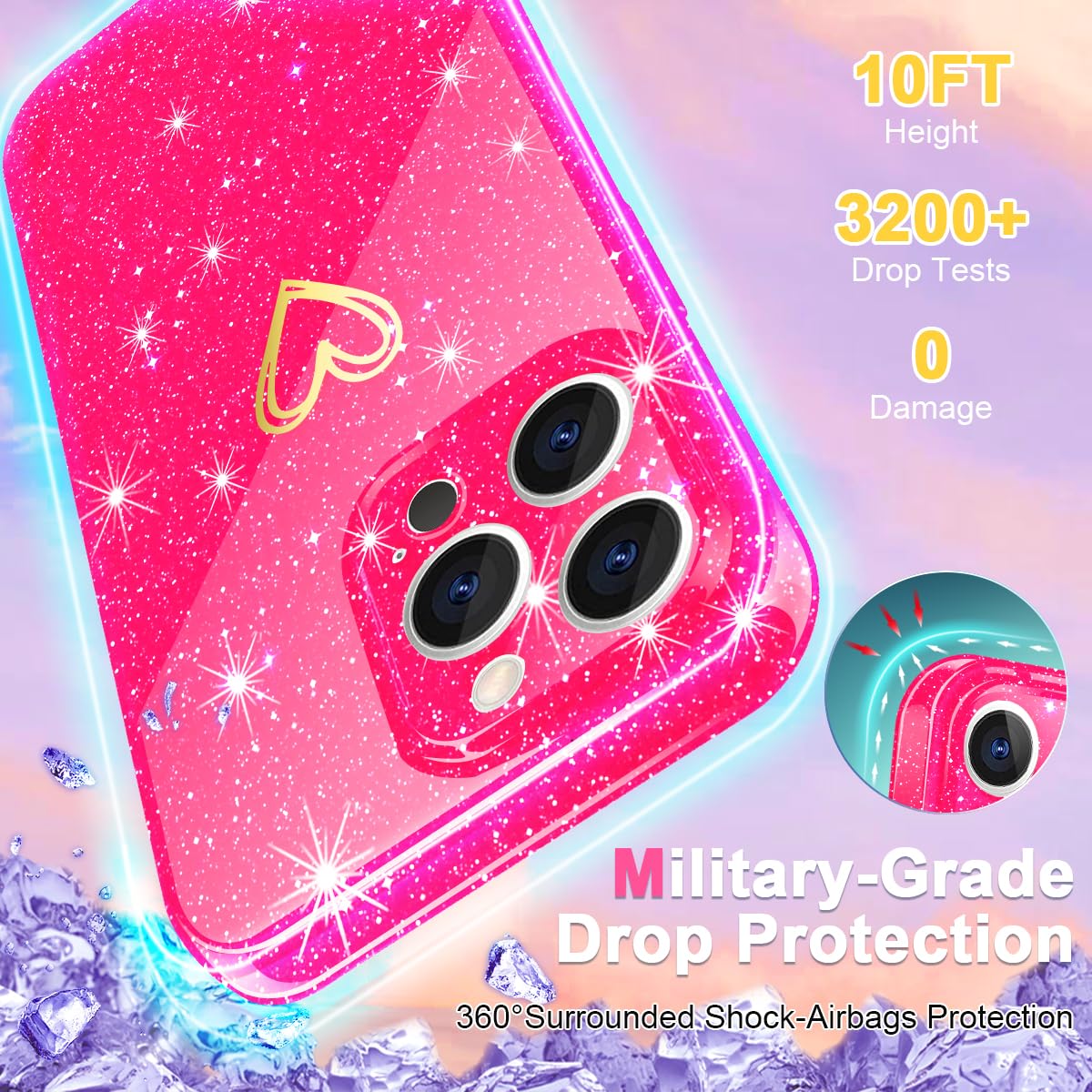 Qviskteme for iPhone 14 Pro Max Case Glitter,Cute Bling Sparkly Slim Phone Case TPU Shockproof Bumper Protective Soft Silicone Cover Anti-Scratch Plating Love Heart for Women Girls (Hot Pink)