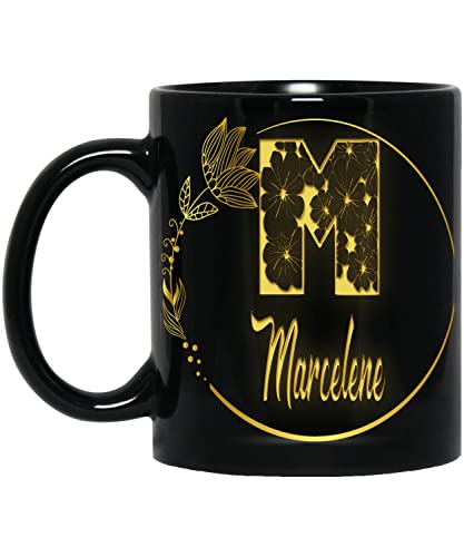 Coffee Mug Personalized Marcelene Name & Initial Letter Monogram Floral Alphabet Mug Golden Flowers Custom Black Coffee Cup, Gift for Her Mom Coworker Sister, Wife, Girl 11oz Black Mug 208399