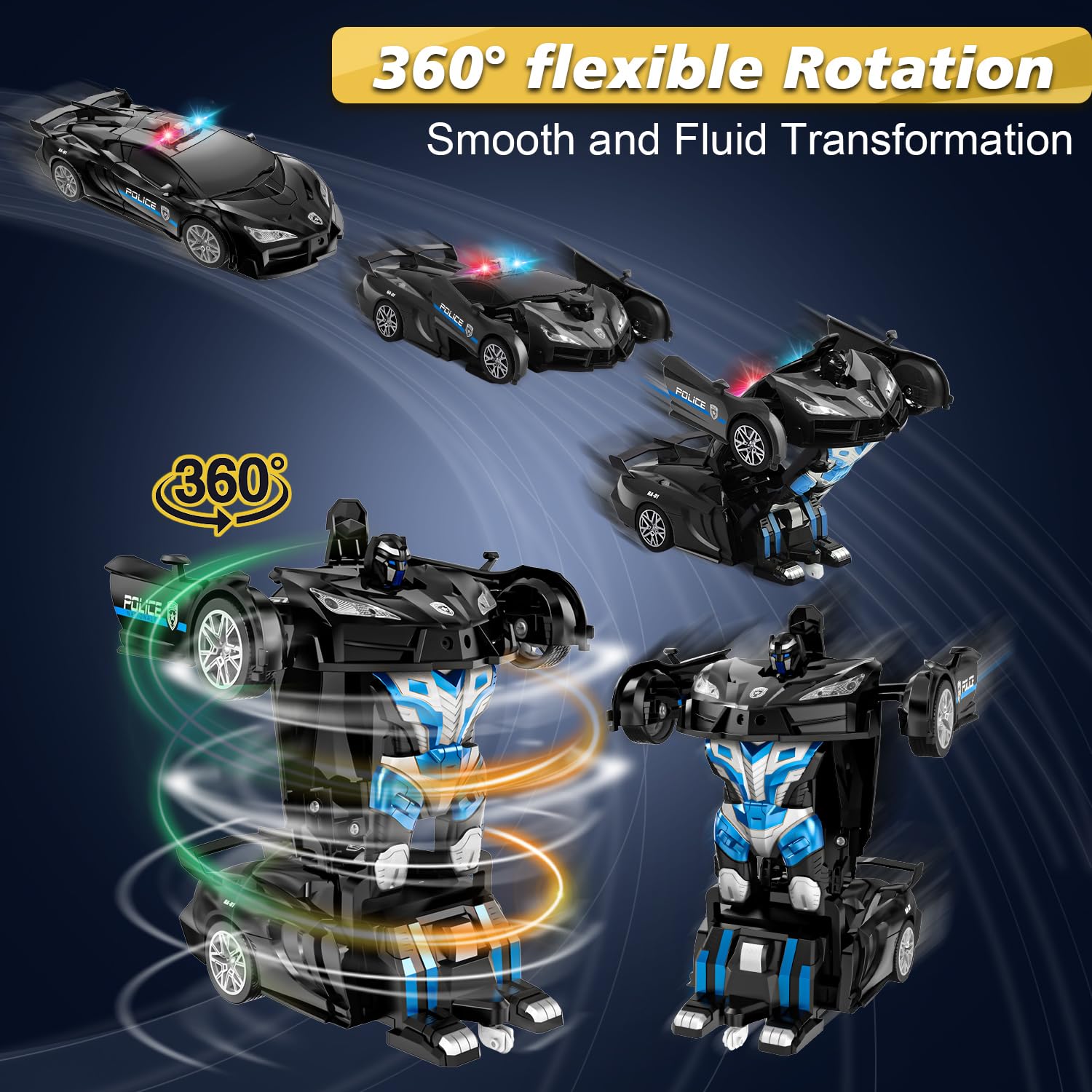 LNNKINE Remote Control Car, Transform Robot RC Cars, 2.4Ghz Transforming Police Car Toy with LED Light, One-Button Deformation and 360° Rotating Drifting, Toys for Boys Age 4-7 8-12