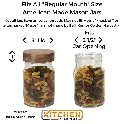 Wooden Mason Jar Lids Value Pack - 24 Mason Jar Lids Choose From Regular Mouth or Wide Mouth - Custom Molded Screw Top Mason Jar Lid Set Storage Lids for Ball Jars Only by Kitchen Charisma (Regular Mouth (2.5 in. Jar Opening), Acacia Wood (Brown Color))