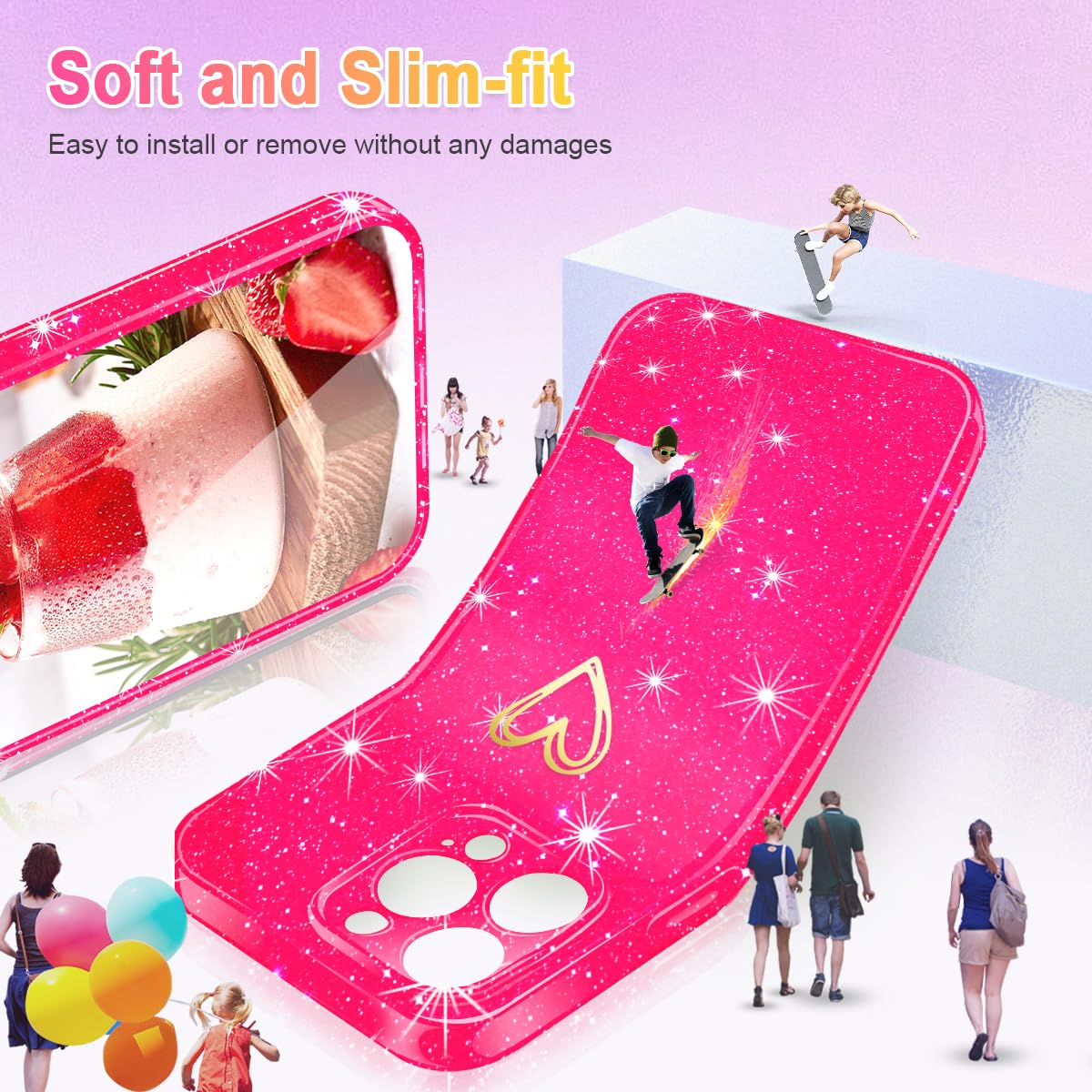 Qviskteme for iPhone 14 Pro Max Case Glitter,Cute Bling Sparkly Slim Phone Case TPU Shockproof Bumper Protective Soft Silicone Cover Anti-Scratch Plating Love Heart for Women Girls (Hot Pink)