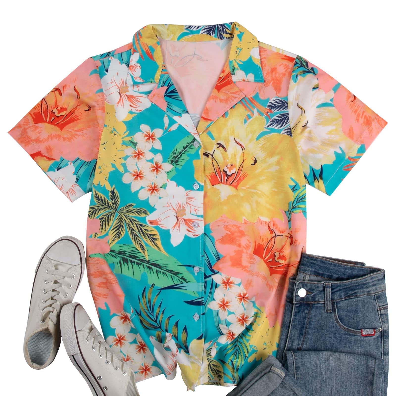 Hawaiian Shirts for Women Soft Cool Summer Hawaiian Shirt Floral Tropic Print Tees V Neck Button Up Short Sleeve Top Pink Blue
