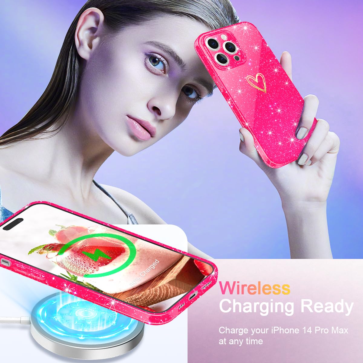 Qviskteme for iPhone 14 Pro Max Case Glitter,Cute Bling Sparkly Slim Phone Case TPU Shockproof Bumper Protective Soft Silicone Cover Anti-Scratch Plating Love Heart for Women Girls (Hot Pink)