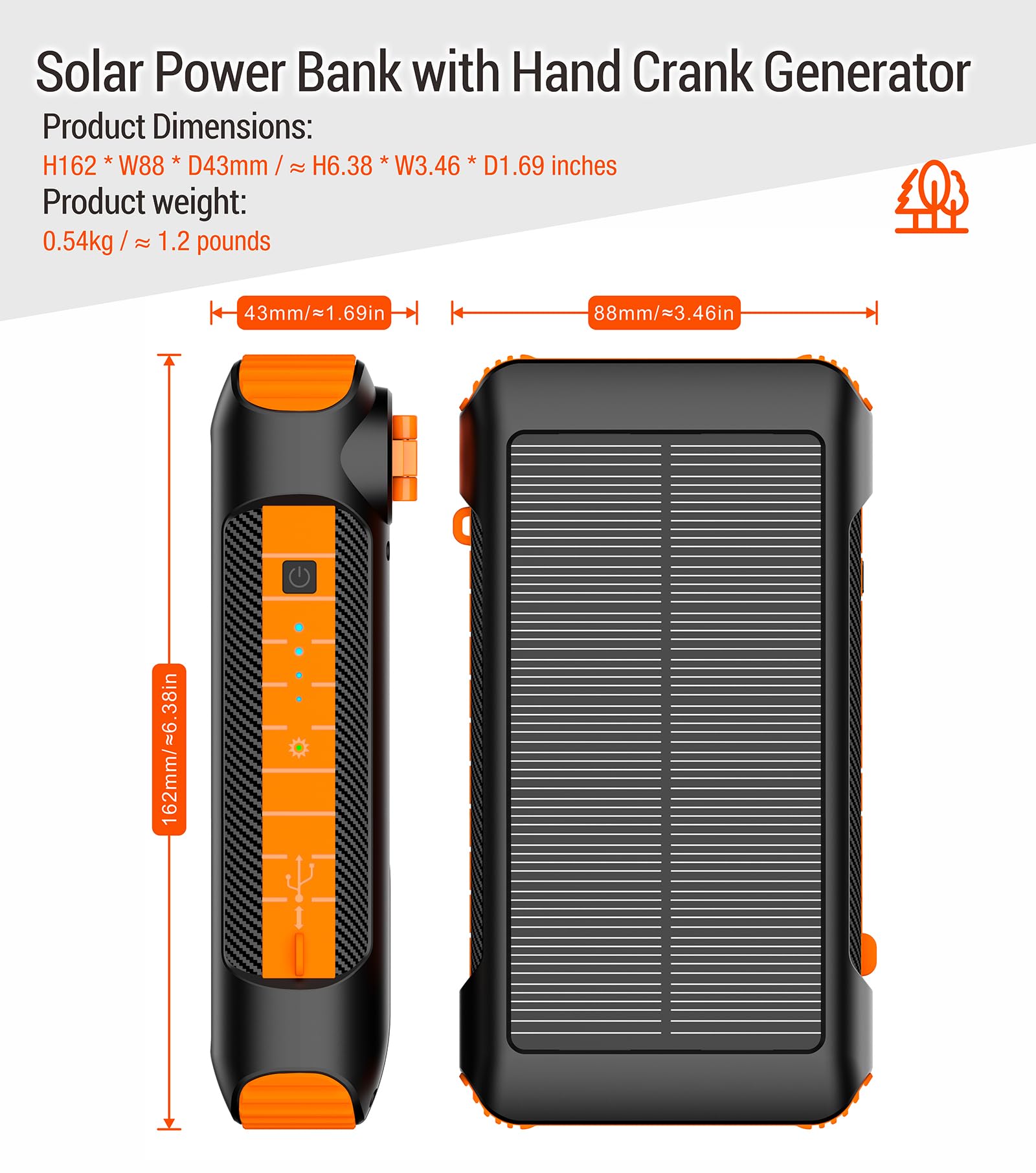 OOPOWEROO Solar Power Bank 20000mAh Built in Hand Crank and 4 Cables 22.5W Fast Charge Power Bank 5 Outputs & 5 Inputs Solar Portable Charger, SOS/Strobe/Strong Flashlights, Carabiner (Orange)