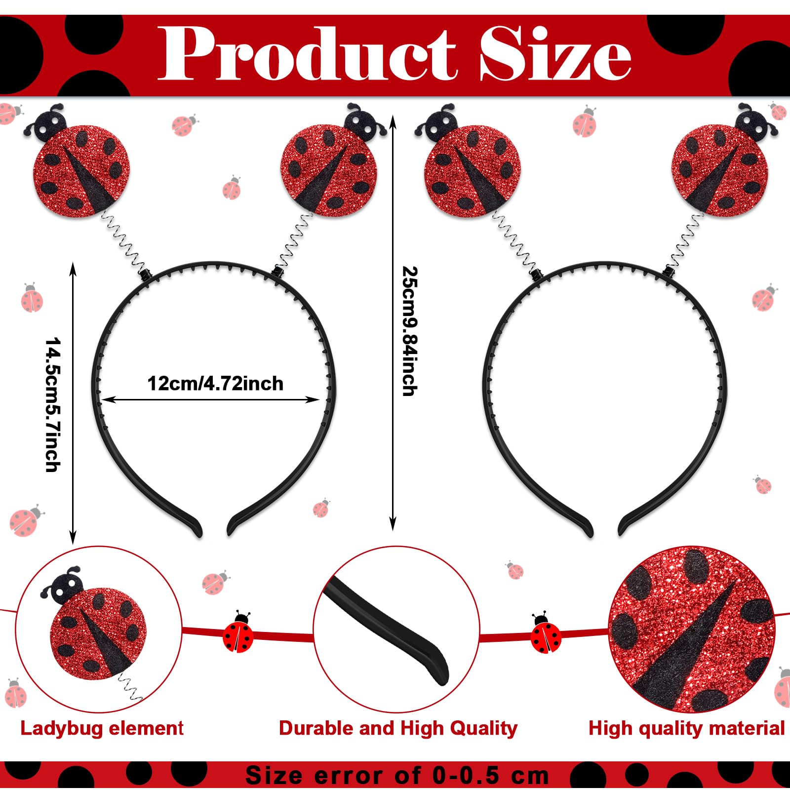 Yunlly 6 Pcs Ladybug Costume Accessories - Sequined Boppers, Red Sequin Head Accessory for Halloween Cosplay Party Favors - Men's and Women's Party Accessories