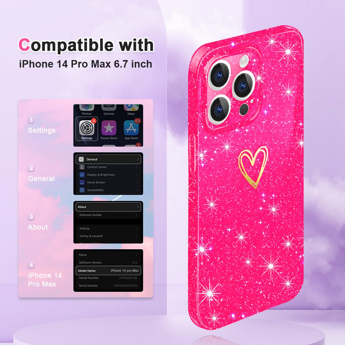 Qviskteme for iPhone 14 Pro Max Case Glitter,Cute Bling Sparkly Slim Phone Case TPU Shockproof Bumper Protective Soft Silicone Cover Anti-Scratch Plating Love Heart for Women Girls (Hot Pink)