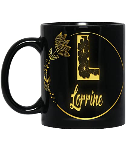 Coffee Mug Personalized Lorrine Name & Initial Letter Monogram Floral Alphabet Mug Golden Flowers Custom Black Coffee Cup, Gift for Her Mom Coworker Sister, Wife, Girl 11oz Black Mug 341374