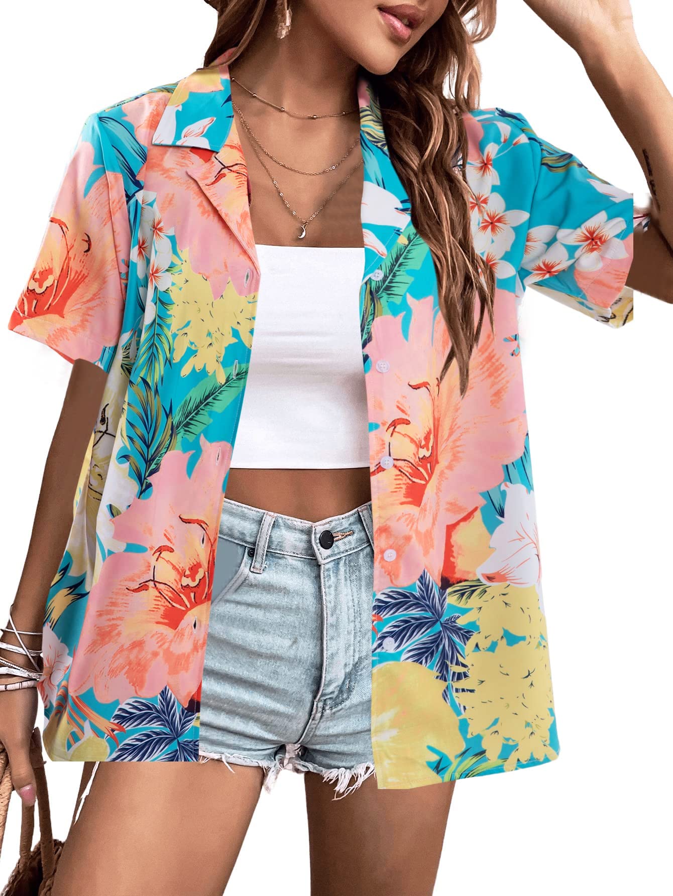Hawaiian Shirts for Women Soft Cool Summer Hawaiian Shirt Floral Tropic Print Tees V Neck Button Up Short Sleeve Top Pink Blue