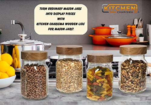 Wooden Mason Jar Lids Value Pack - 24 Mason Jar Lids Choose From Regular Mouth or Wide Mouth - Custom Molded Screw Top Mason Jar Lid Set Storage Lids for Ball Jars Only by Kitchen Charisma (Regular Mouth (2.5 in. Jar Opening), Acacia Wood (Brown Color))