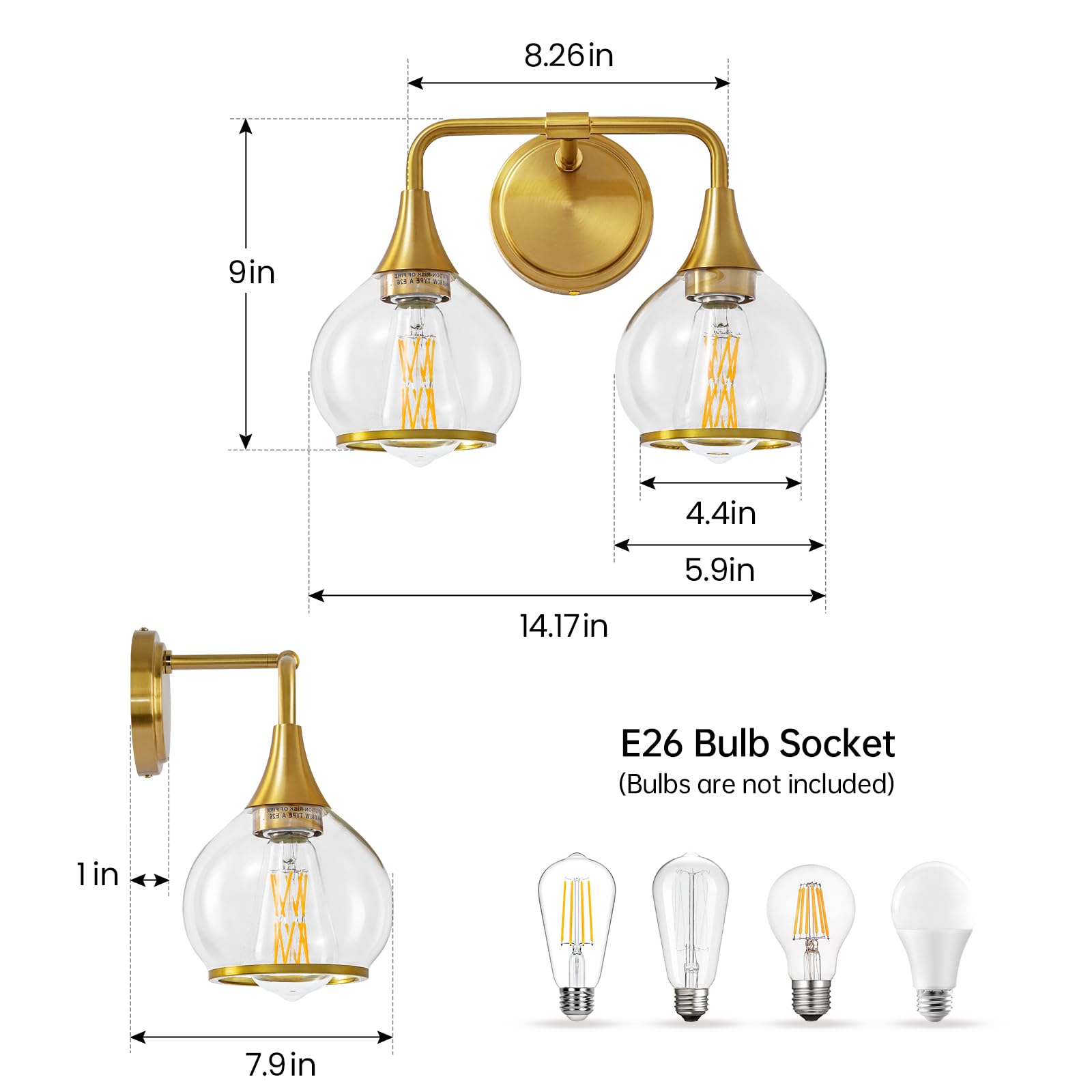 HAHZT Gold Bathroom Light Fixtures 2-Lights Vanity Lights with Clear Glass Shade Bathroom Vanity Light 14 Inch Wall Sconces(Exclude E26 Bulb)…
