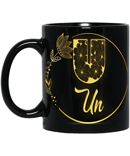 Millicent Baro Coffee Mug Personalized Un Name & Initial Letter Monogram Floral Alphabet Mug Golden Flowers Custom Black Coffee Cup, Gift for Her Mom Coworker Sister, Wife, Girl 11oz Black Mug 699290