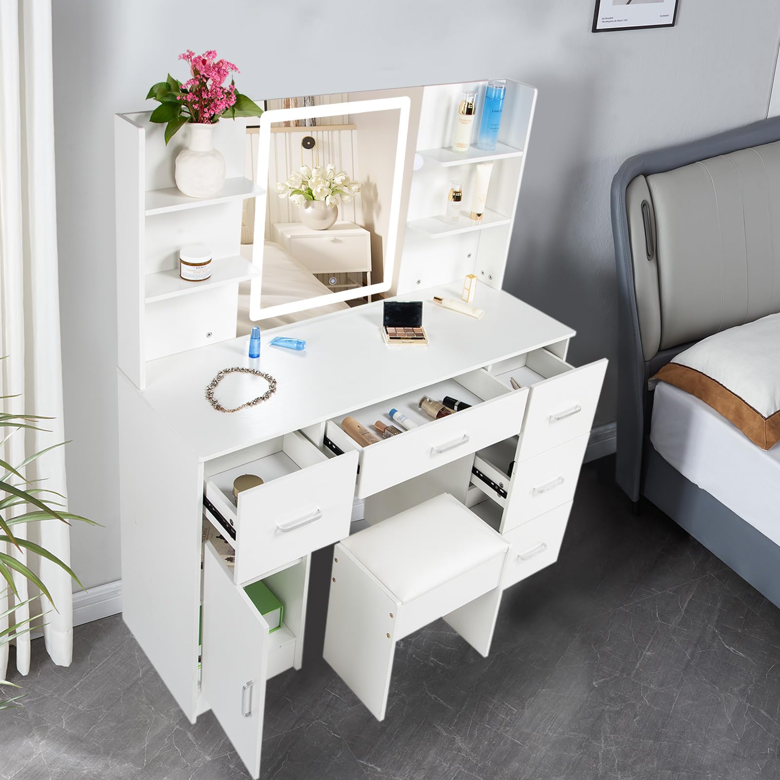 Caulitar Vanity Desk with Mirror and Lights-3 Color and Brightness Adjustable, Vanity Set with Drawers and Chair, White Makeup Vanity Table for Girls